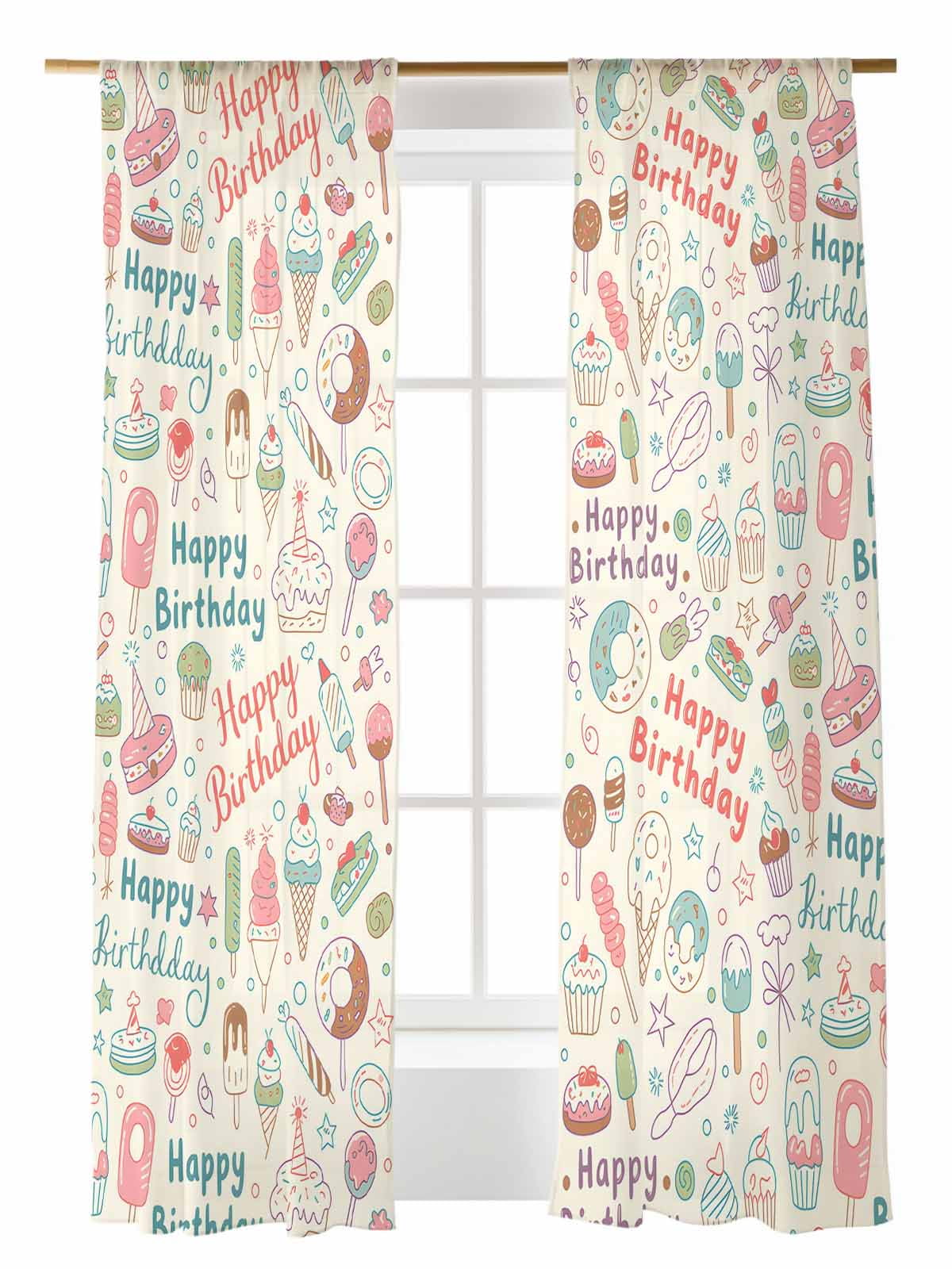 Happy Birthday Text Sheer Curtains 2 Panels Set Dessert Ice Cream Cake ...