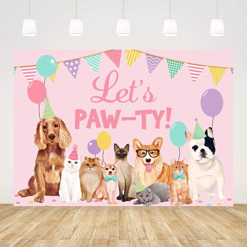 Happy Birthday Themed Backdrops Puppy Dog Cat Doggy Pet Pink Girl ...