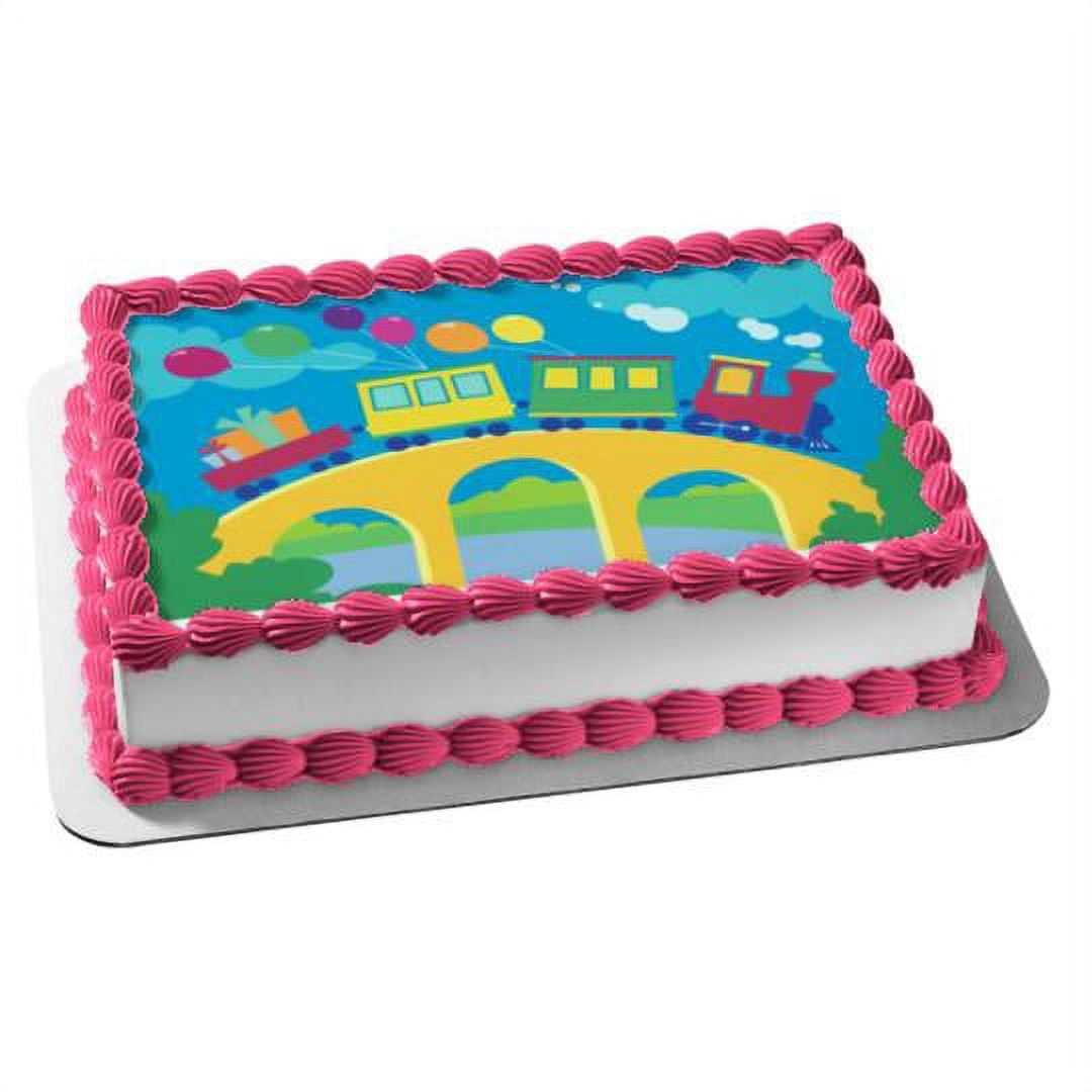 Happy Birthday Trains Balloons Clouds Trees Edible Cake Topper Image ...