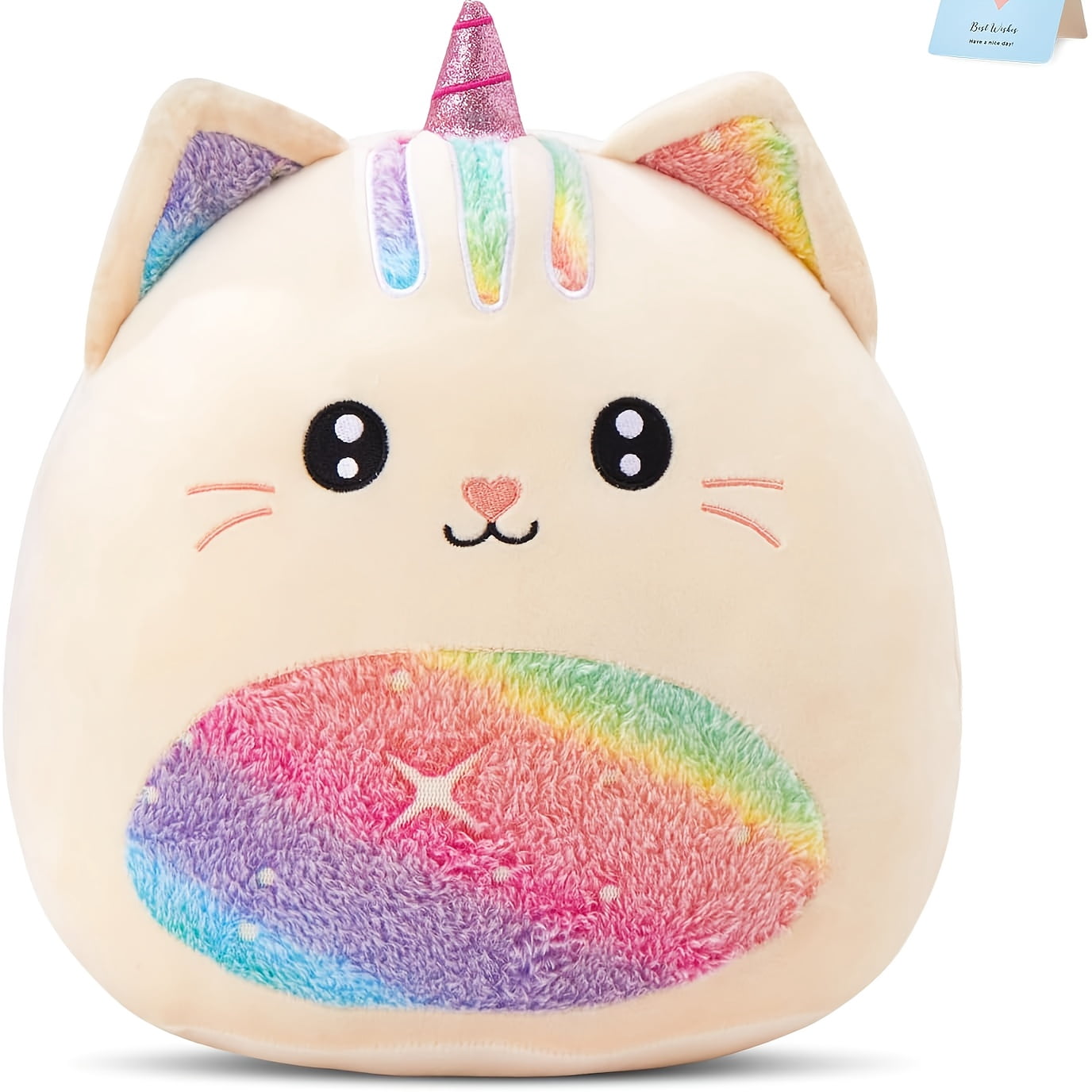 Happy Birthday Unicorn Cat Plush Toy - Soft Pastel Rainbow Mane Tail ...