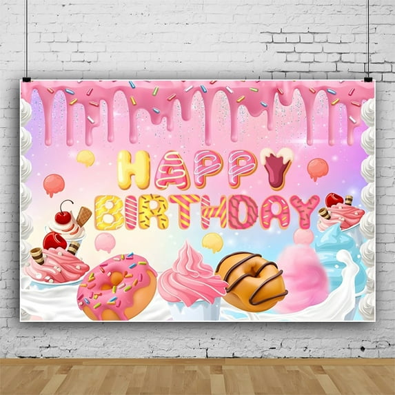 Happy Birthday Vinyl Backdrop for Kids Party Decorations Pink Donut ...