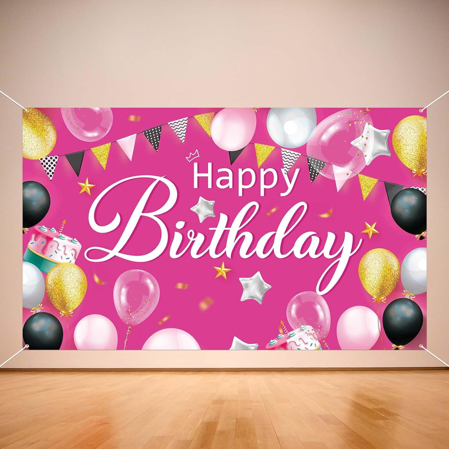 Happy Birthday Wall Banner, Pink Birthday Party Decorations Happy ...