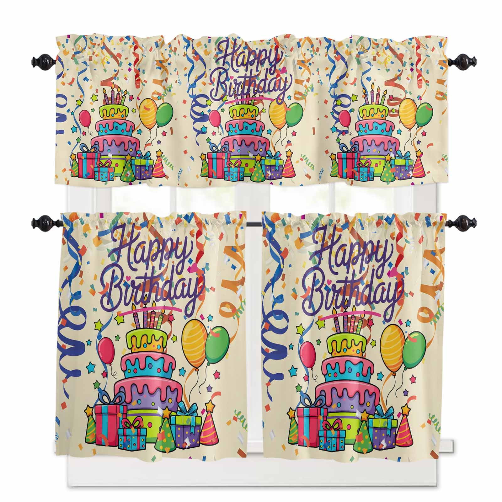 Happy Birthday Window Curtains Valance Set of 3 Ribbon Cake Gift ...