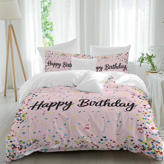 Happy Birthday Words on Pink California King Size Bed Set,Ribbons ...