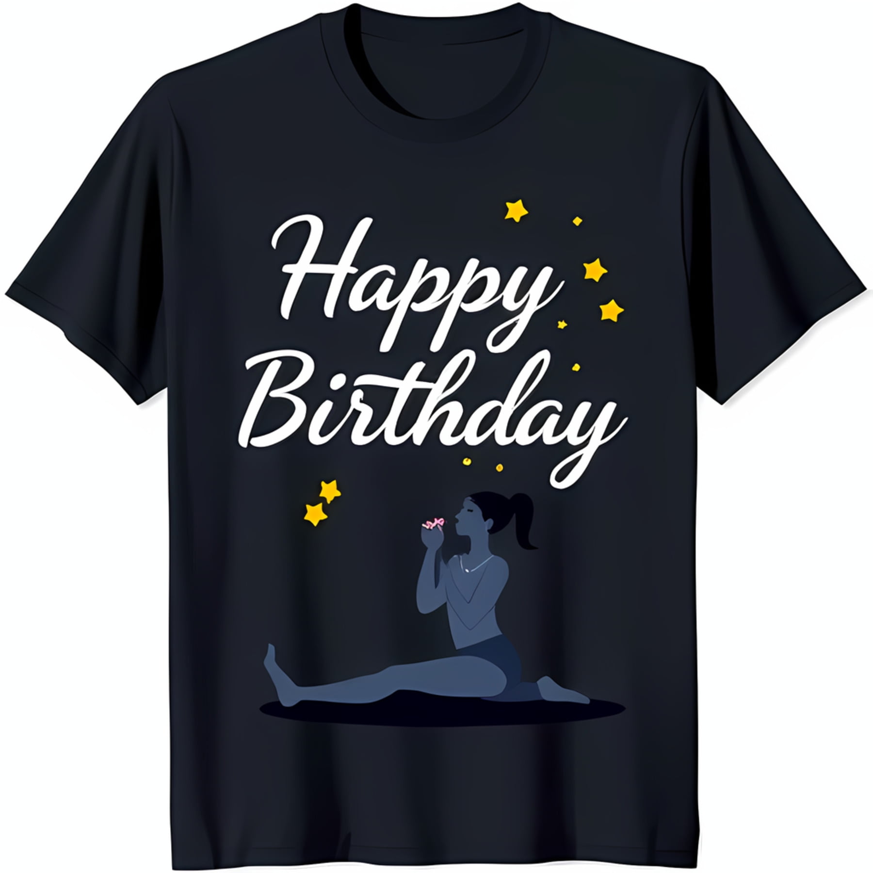 Happy Birthday Yoga Pose T-Shirt for Women Black Cursive Design with ...