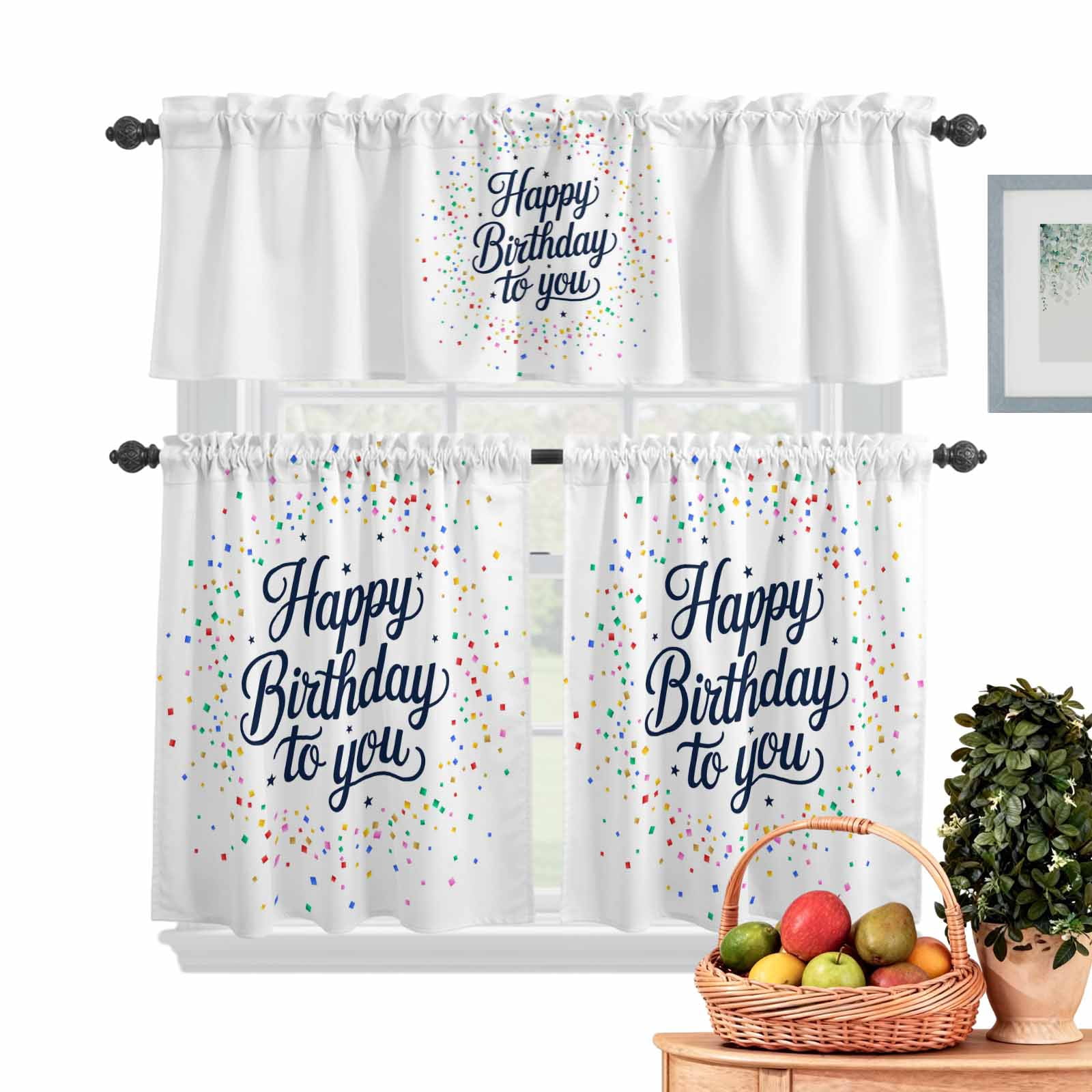 Happy Birthday to You Kitchen Curtains Valances 3 Piece Set, Art Ribbon ...