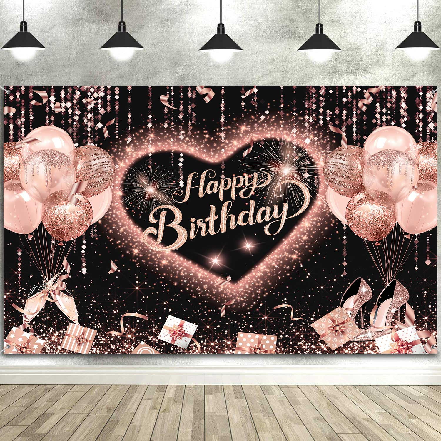 Happy Birthday backdrop Banner, Glitter Pink Ballons Champagne Women ...