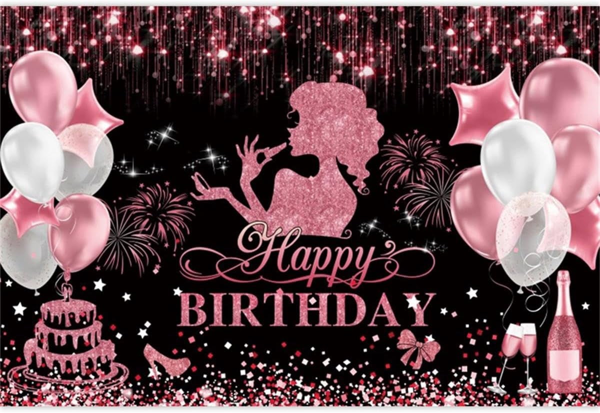 Happy Birthday party backdrop for women girls, glitter pink birthday ...