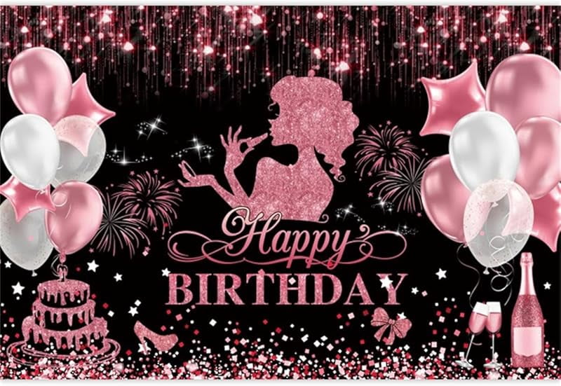Happy Birthday party backdrop for women girls, glitter pink birthday ...