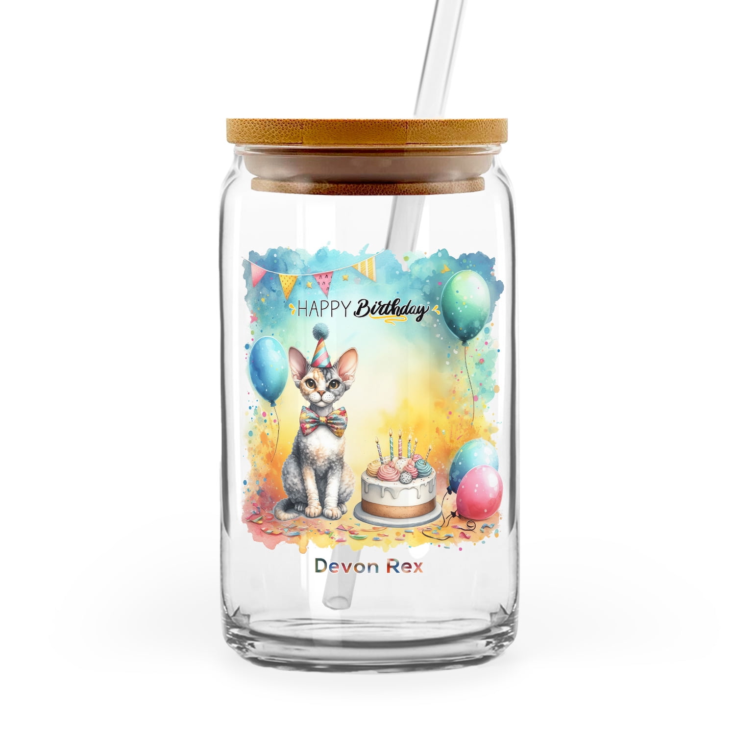 Happy Birthday to Devon Rex Kitten Party Balloons Cake 16oz Glass Cup ...