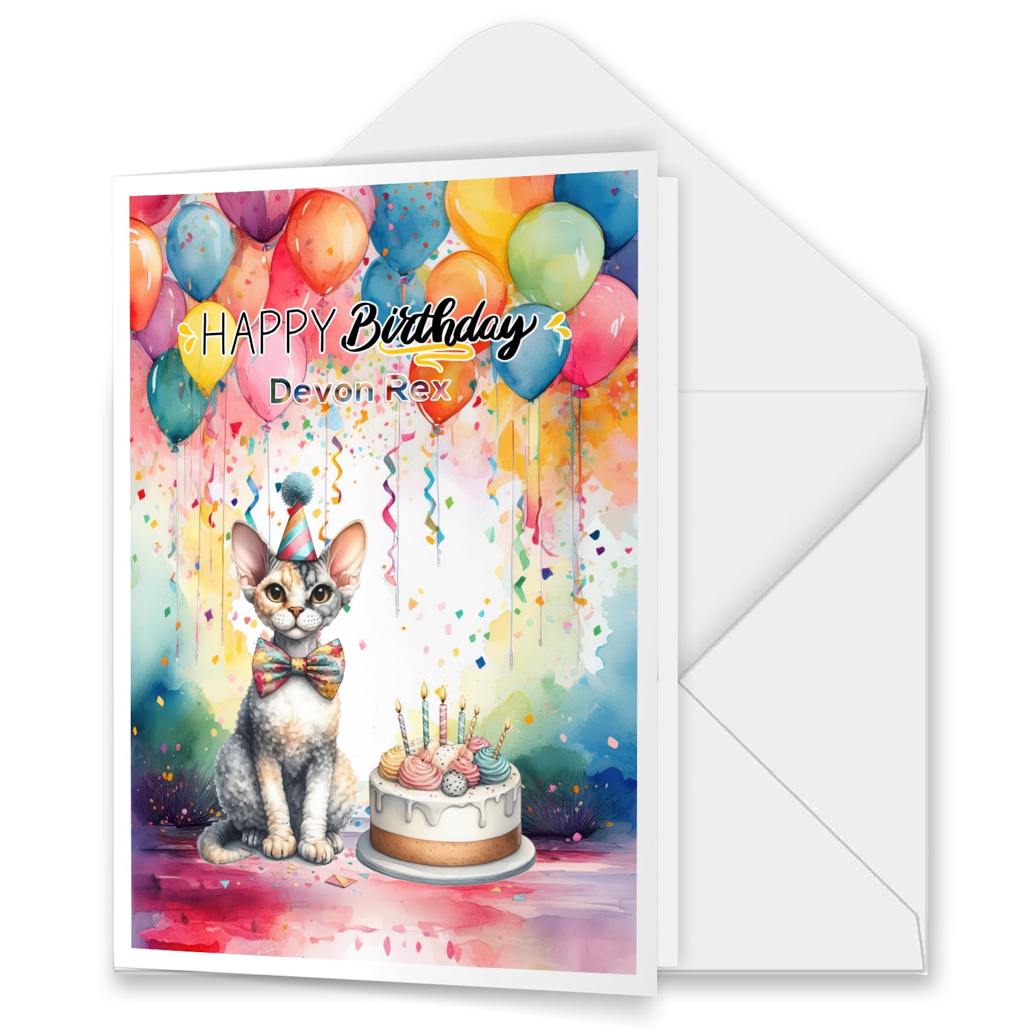 Happy Birthday to Devon Rex Kitten Party Balloons Cake 5x7in Folded ...