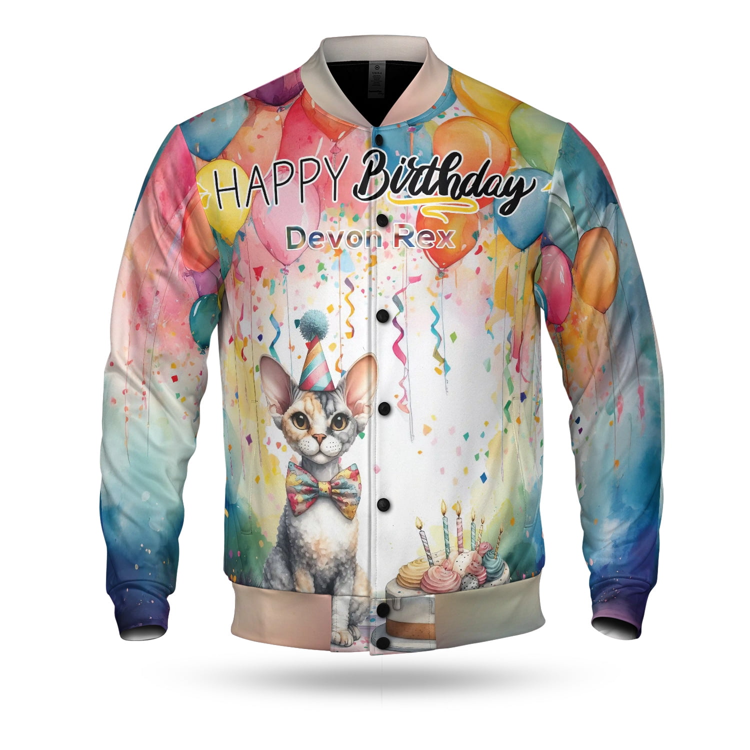 Happy Birthday to Devon Rex Kitten Party Balloons Cake All Over Print 3D Baseball Jacket Cat ...