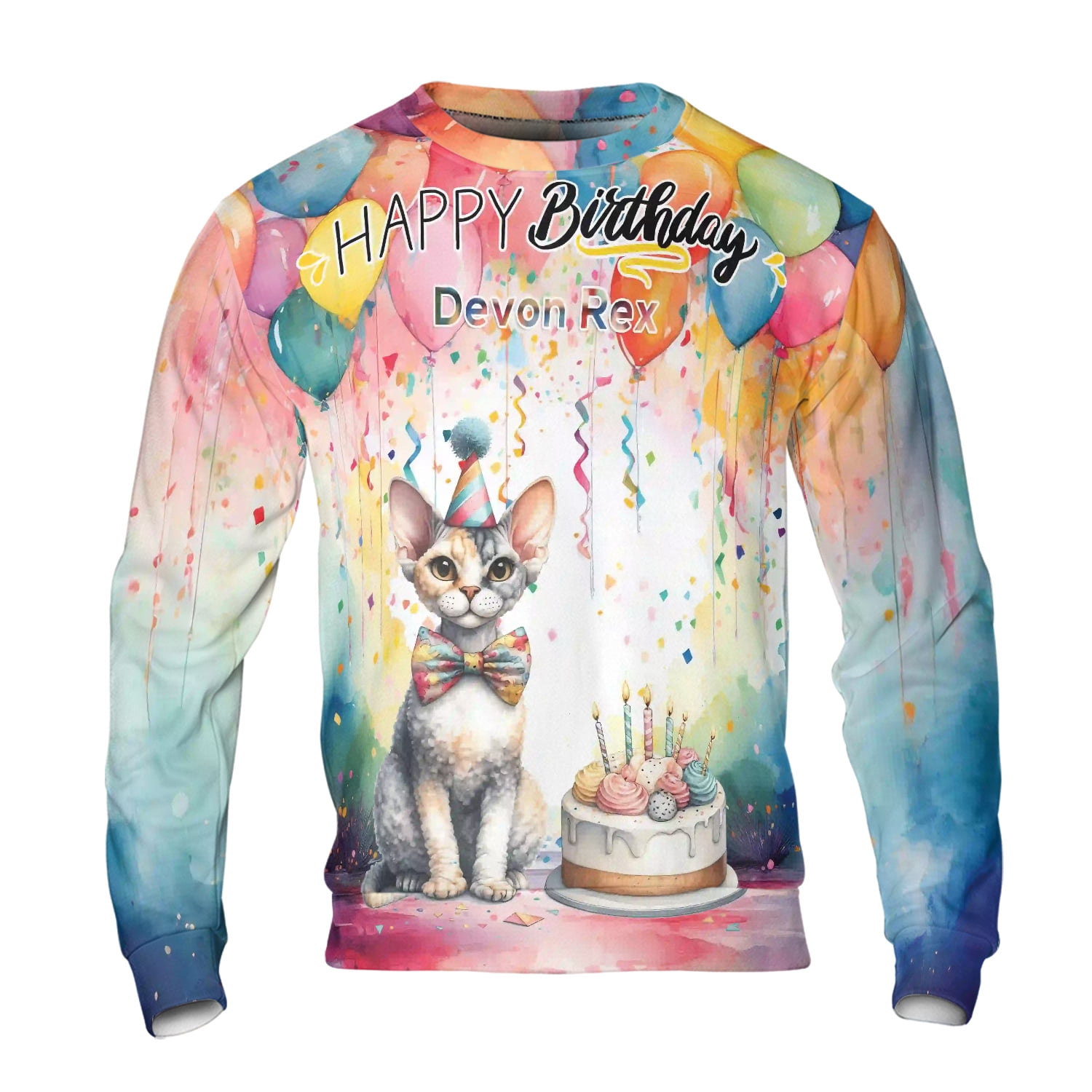 Happy Birthday to Devon Rex Kitten Party Balloons Cake All Over Print 3D Sweatshirt Unisex Merch ...
