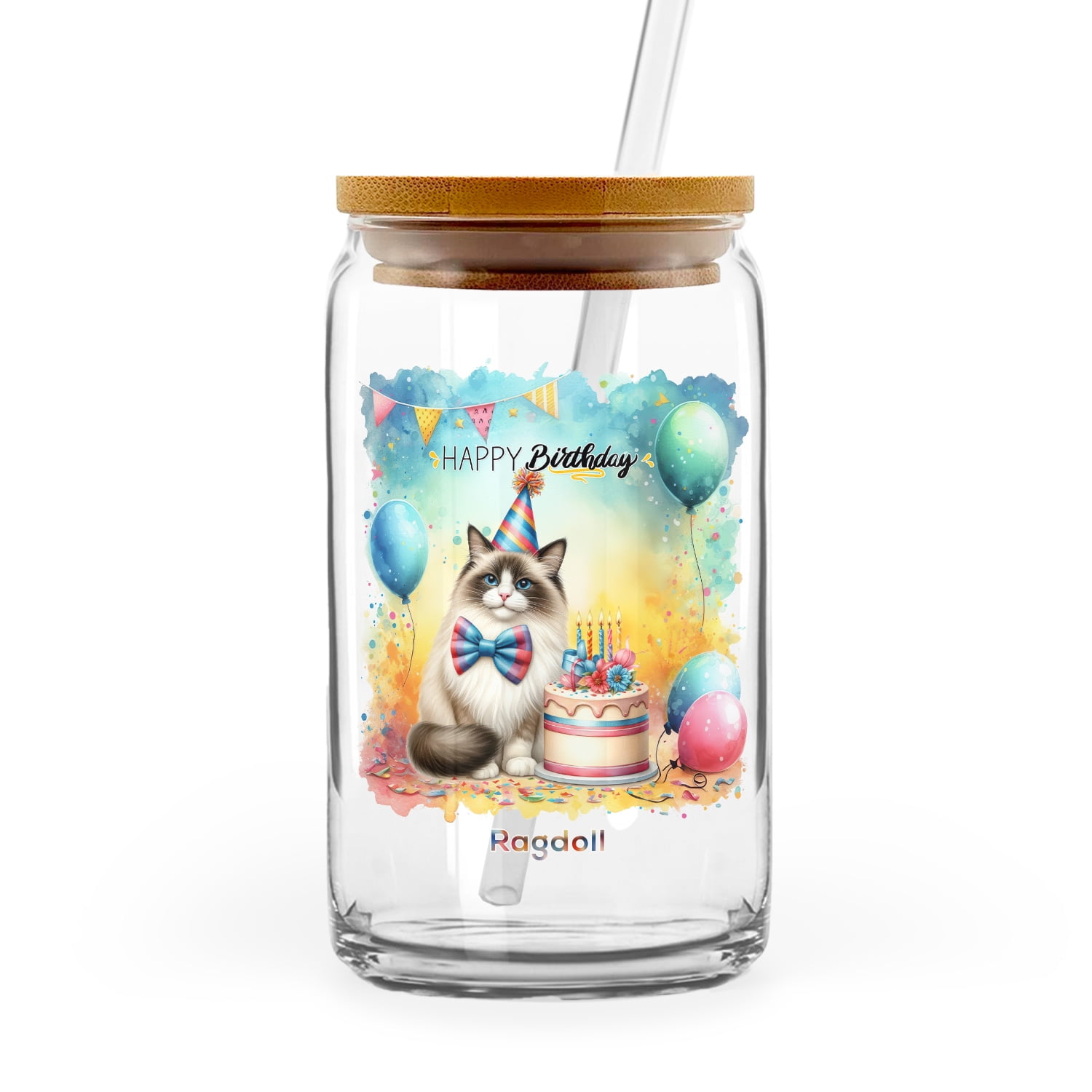 Happy Birthday to Ragdoll Kitten Party Balloons Cake 16oz Glass Cup Mug ...