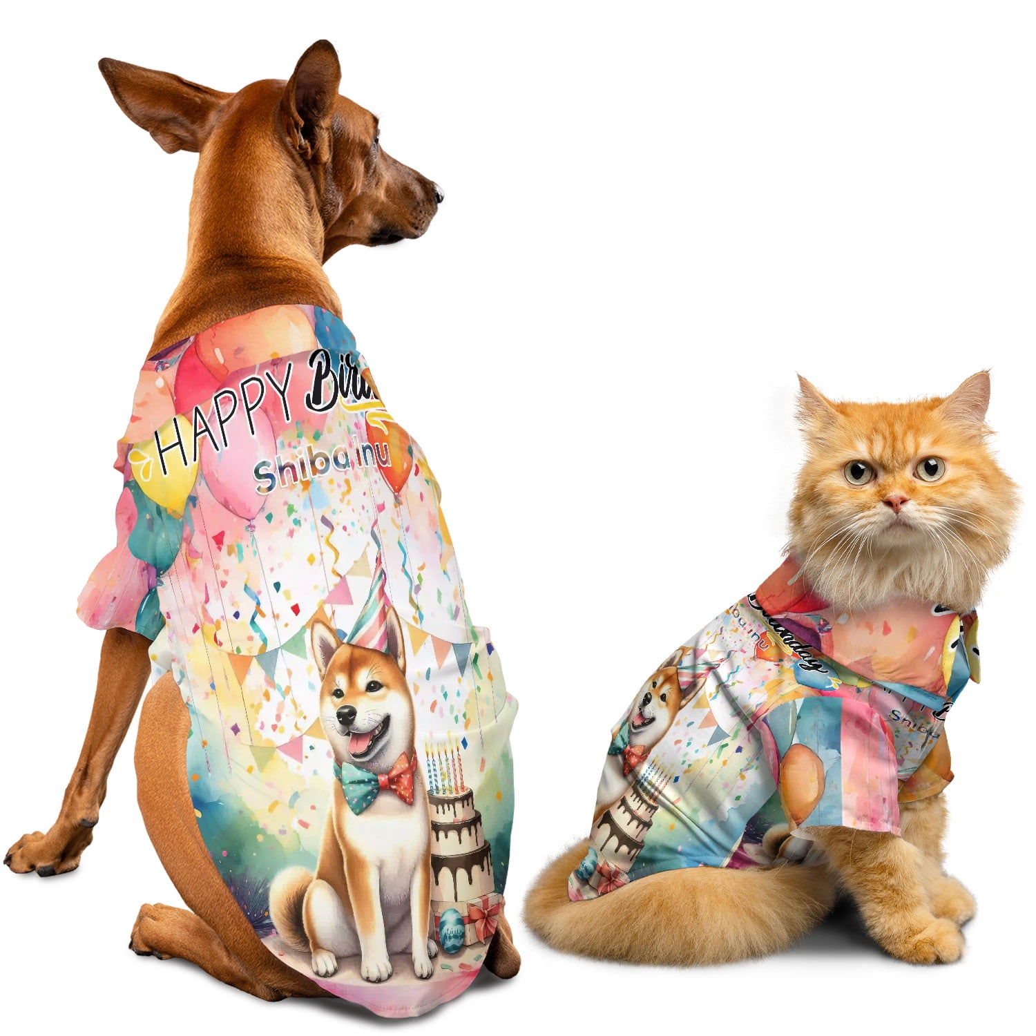 Happy Birthday to Shiba Inu Kitten Party Balloons Cake Hawaiian Summer Shirt for Small Medium ...