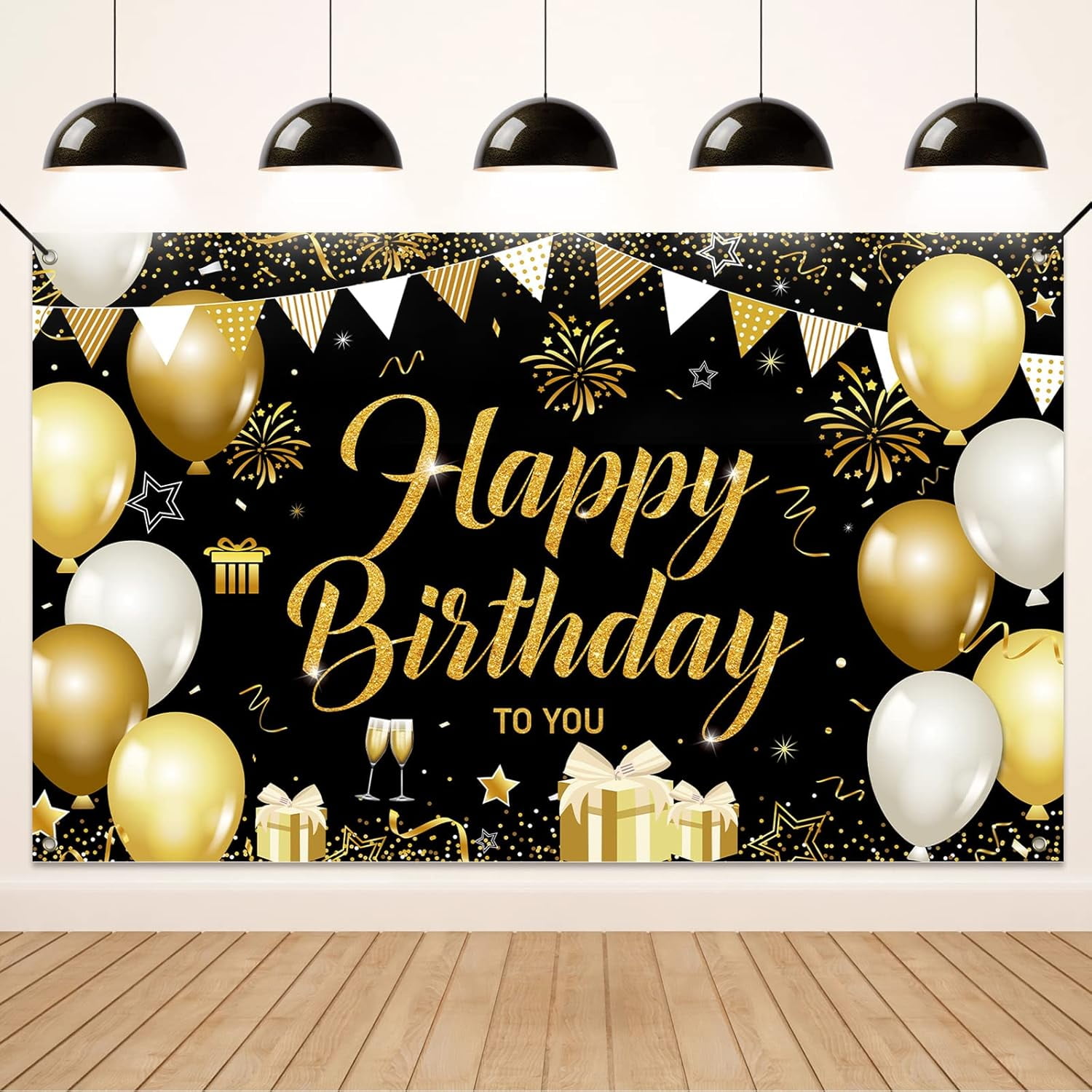 Happy Bithday Banner Decorations, Black Gold Birthday Backdrop Banner ...