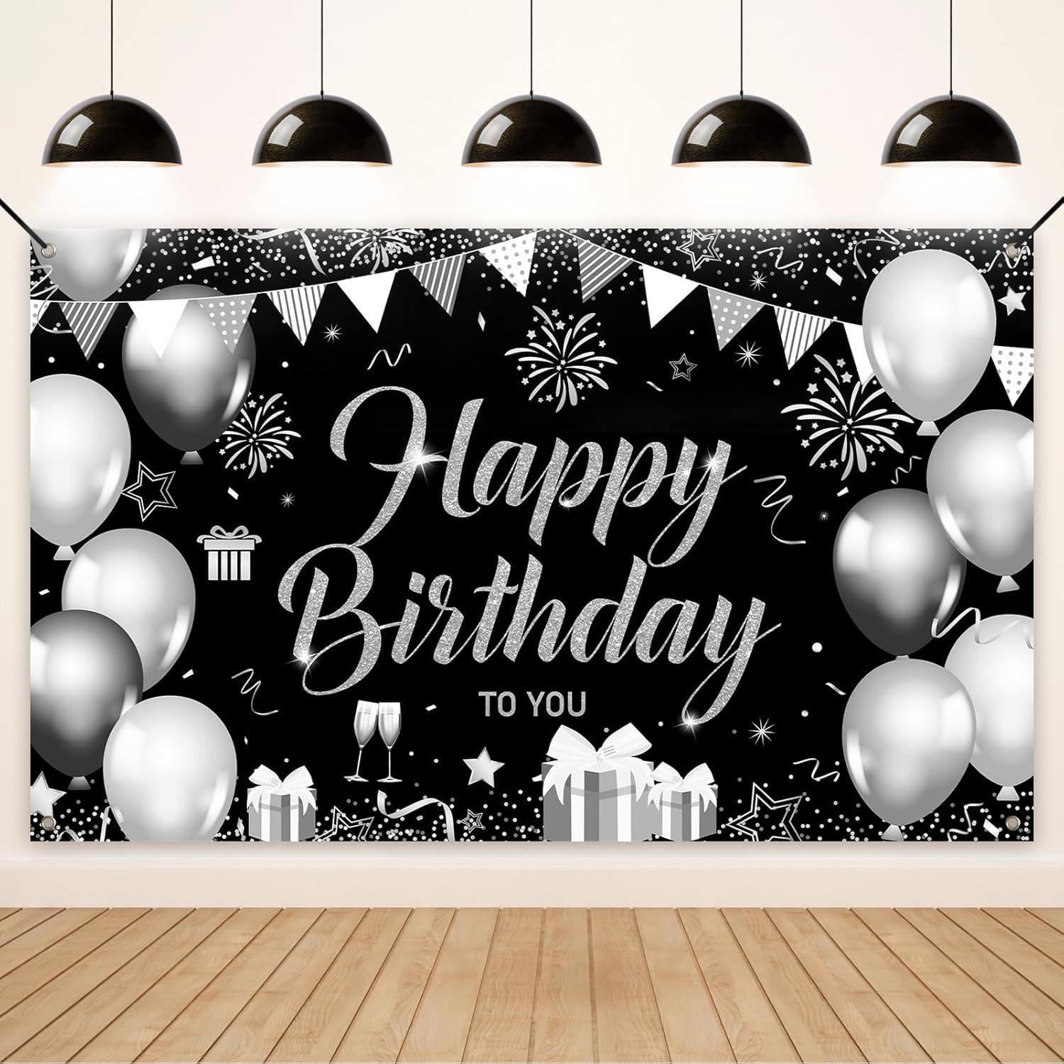 Happy Bithday Banner Decorations, Silver Black Birthday Backdrop Banner ...