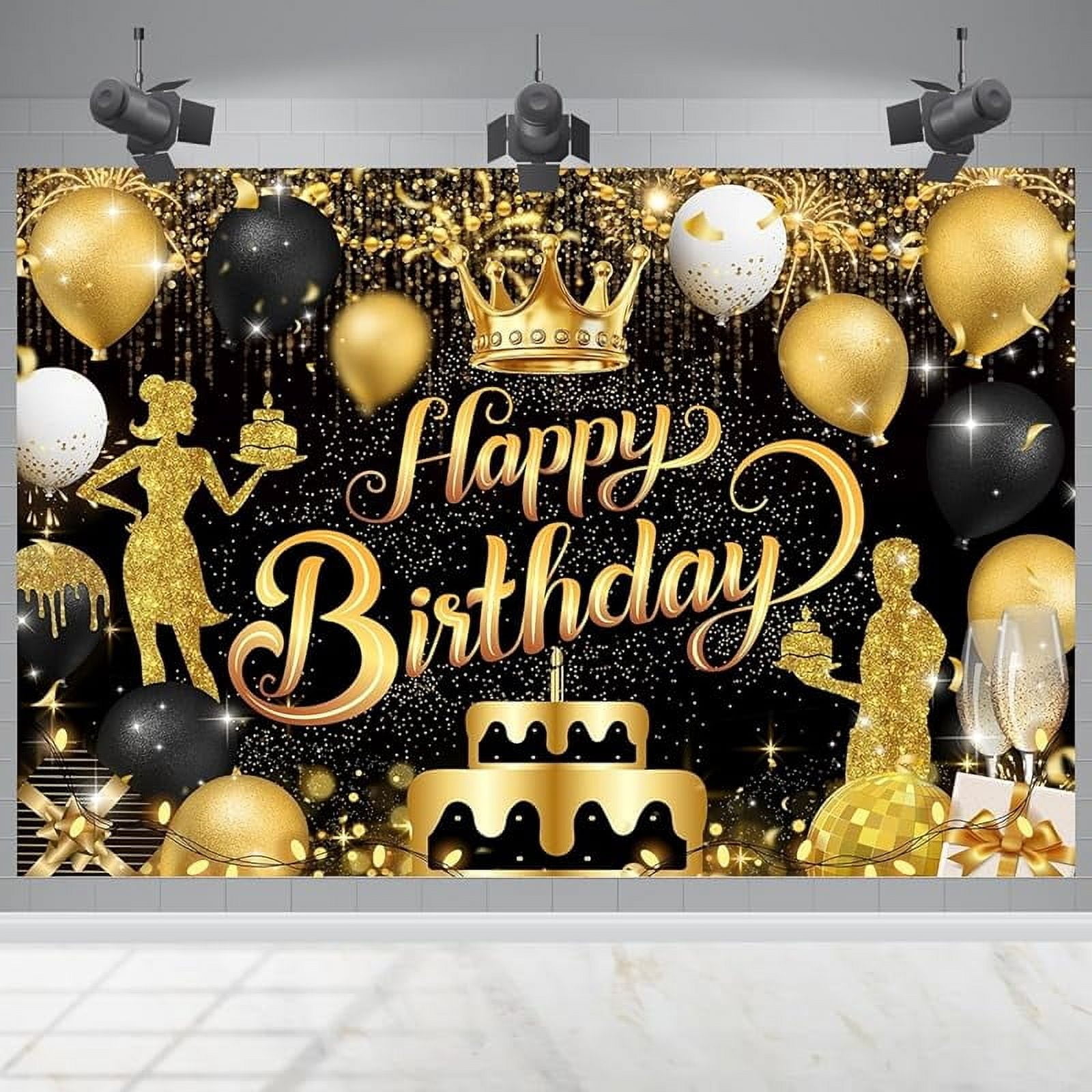 Happy Black Gold Birthday Backdrop Women Birthday Party Banner Balloon ...