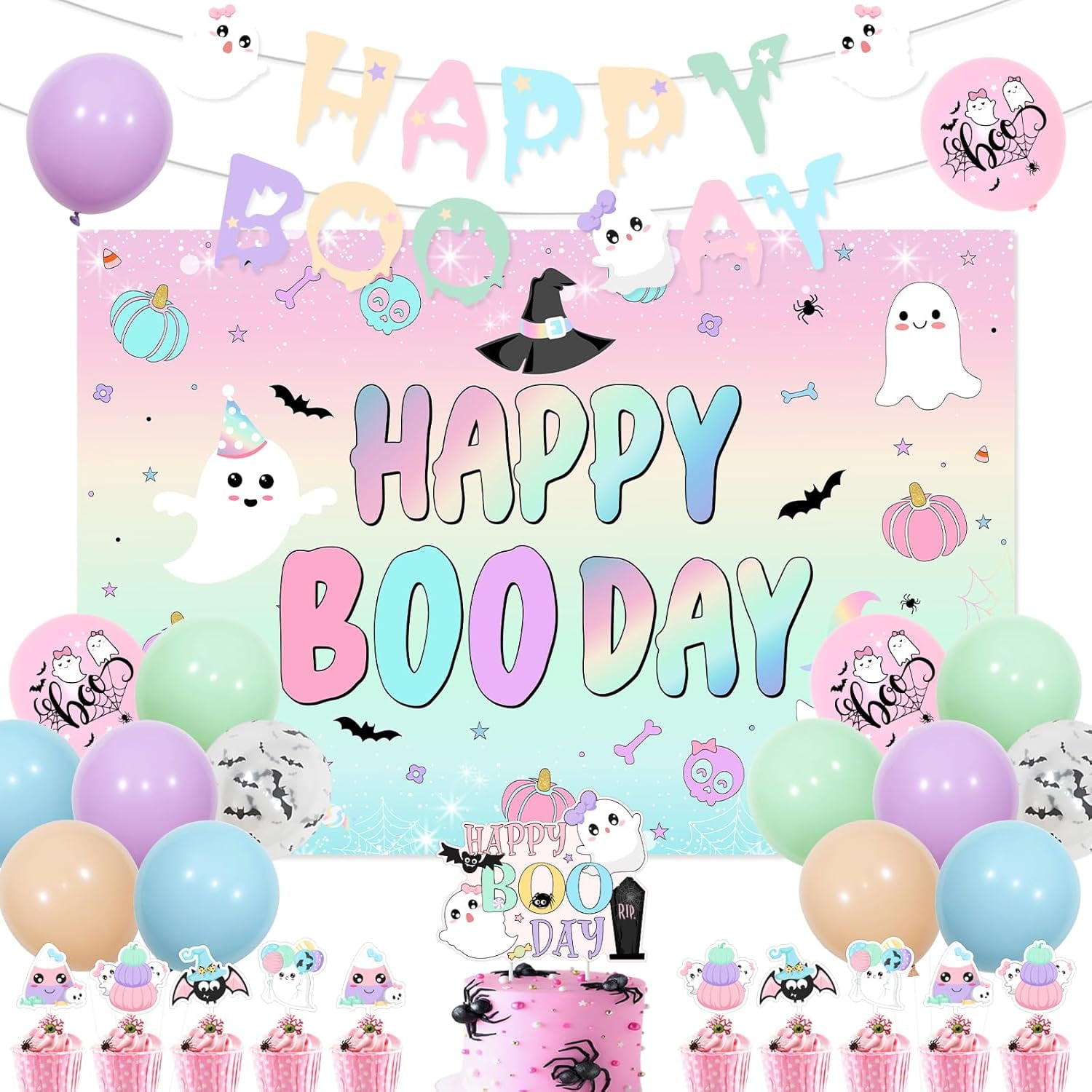 Happy Boo Day Decorations for Girl, Pastel Halloween Birthday Party ...