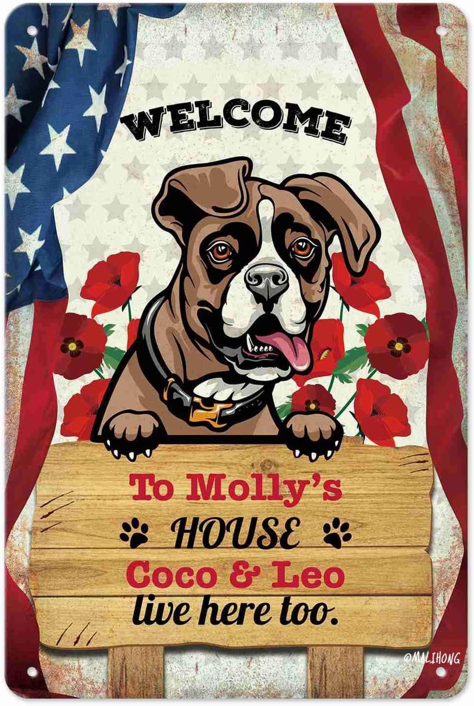 Happy Boxer Dog Sign American Flag Sunflower Welcome Metal Sign Dog ...