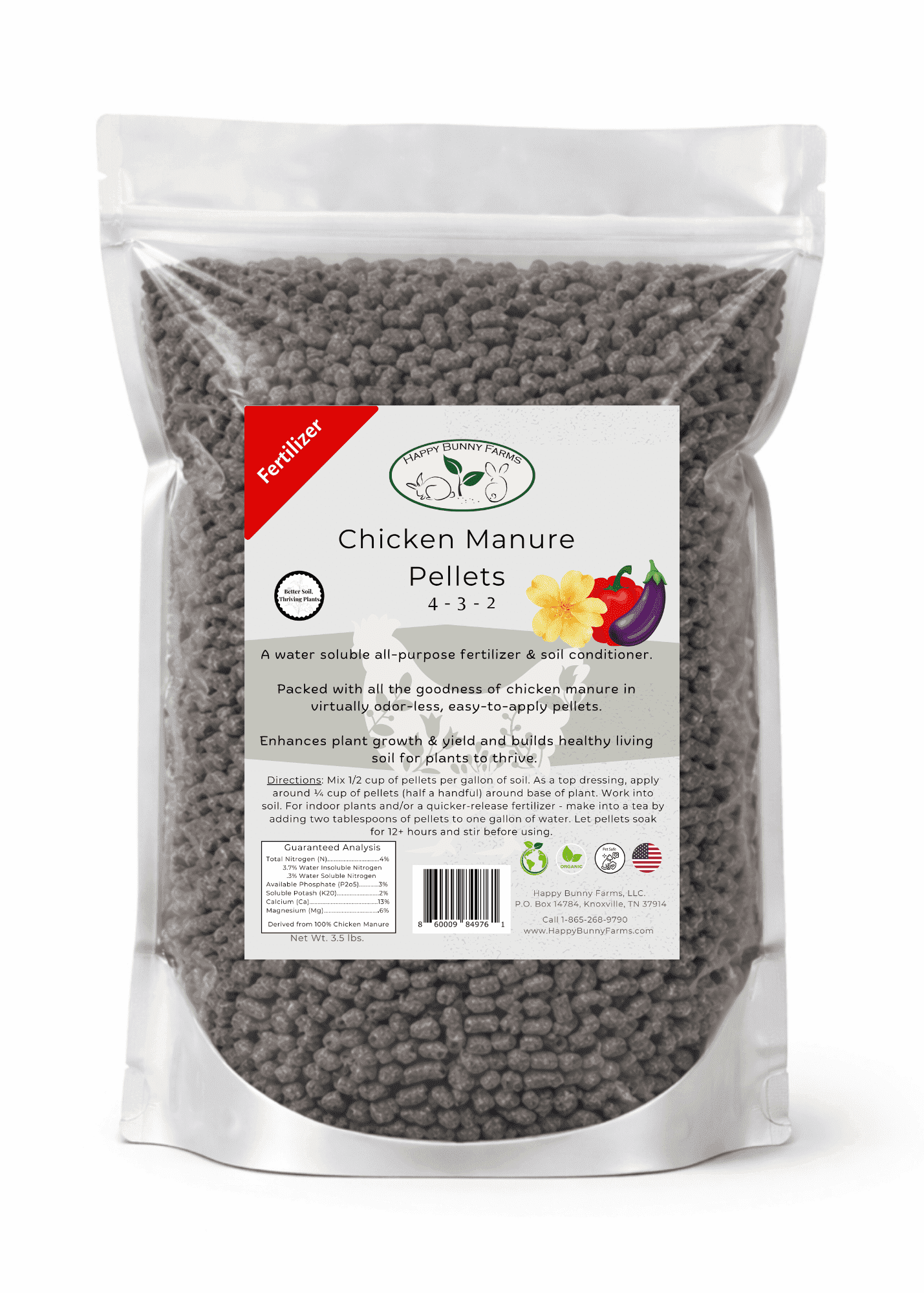Happy Bunny Farms, Chicken Manure Pellets, 4-3-2 NPK, 3.5 lb Bag ...