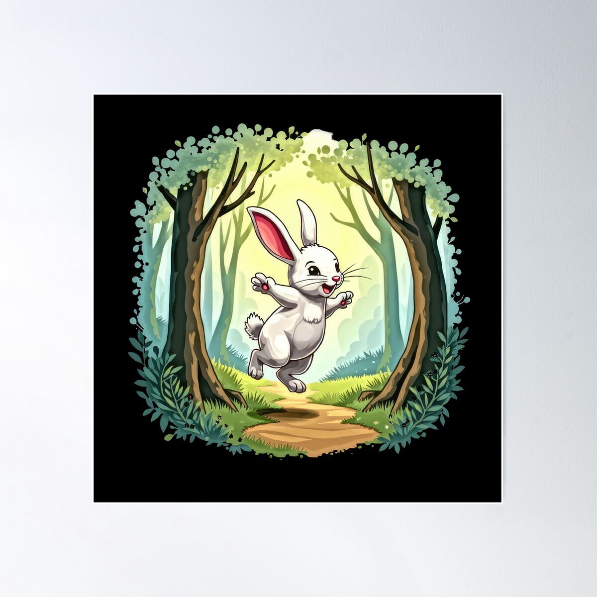 Happy Bunny Hopping In The Forest Poster Wall Art, Modern Wall Decor ...