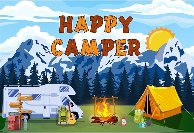 Happy Camper Backdrop Cartoon Camping Tents Car Campfire Summer Camp ...