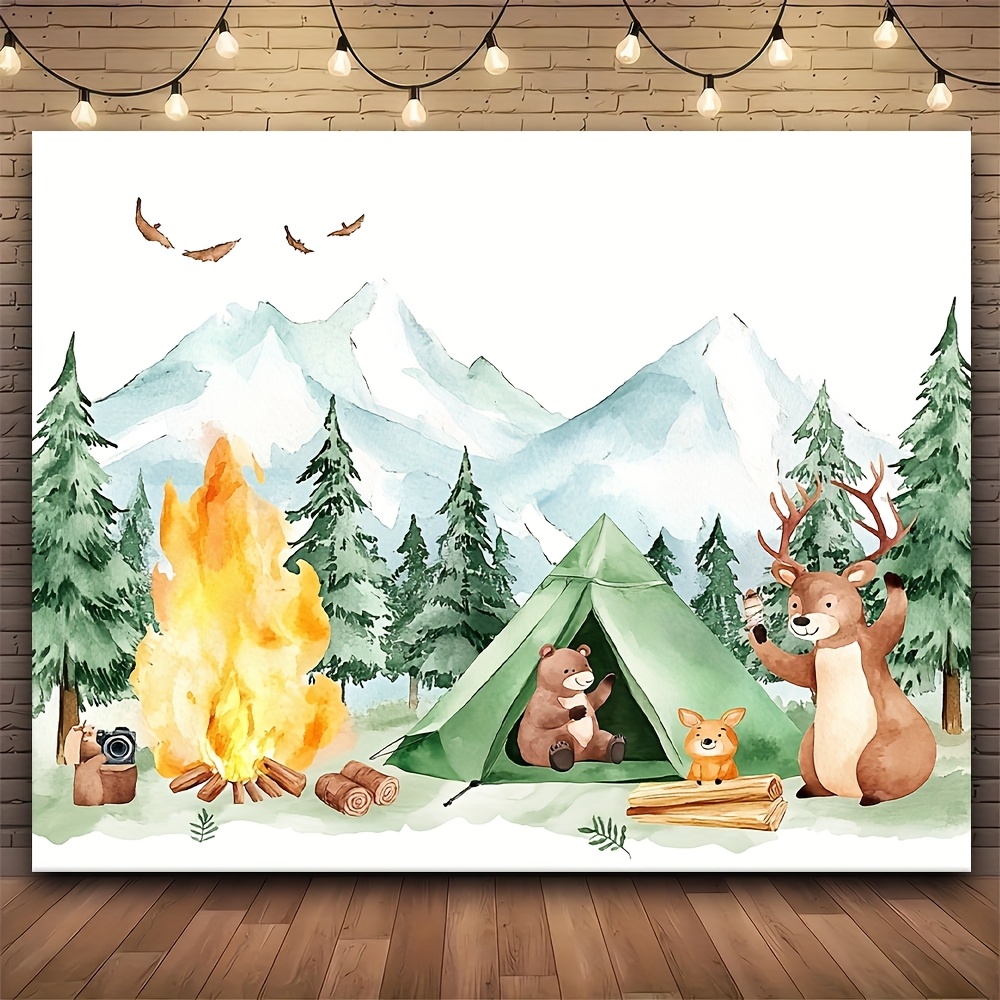 Happy Camper Backdrop Green Forest Camping Birthday Photography ...