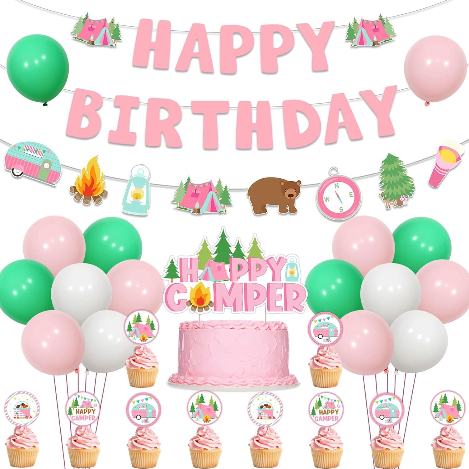 Happy Camper Birthday Decorations Girls Pink Camper Themed Happy ...
