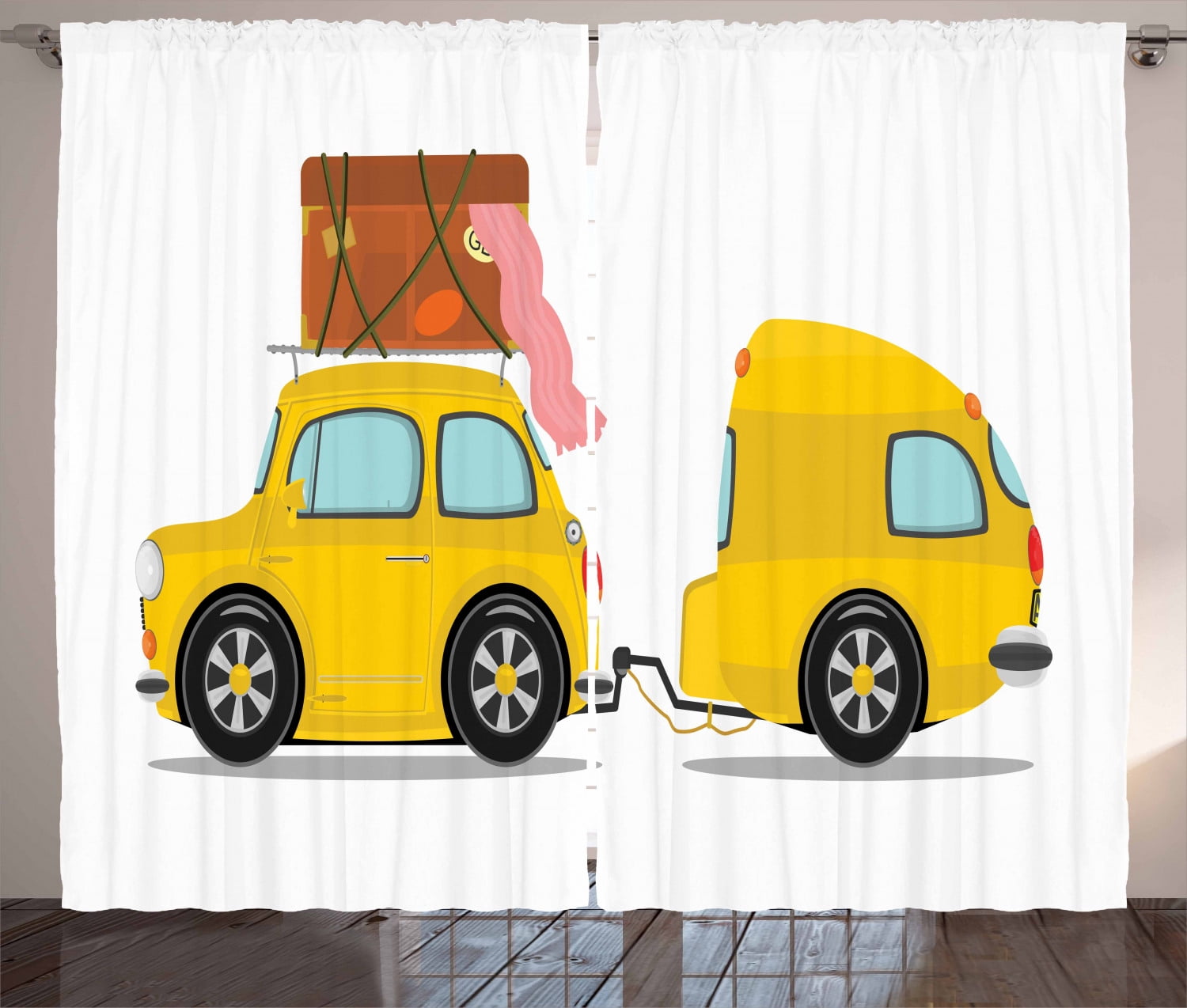 Ambesonne Camper Curtains 2 Panel Set, Retro Car with Trailer, 108