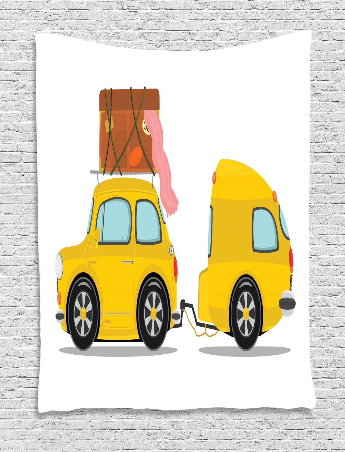 Happy Camper Tapestry, Retro Car with Trailer Cartoon Outdoor Activity ...