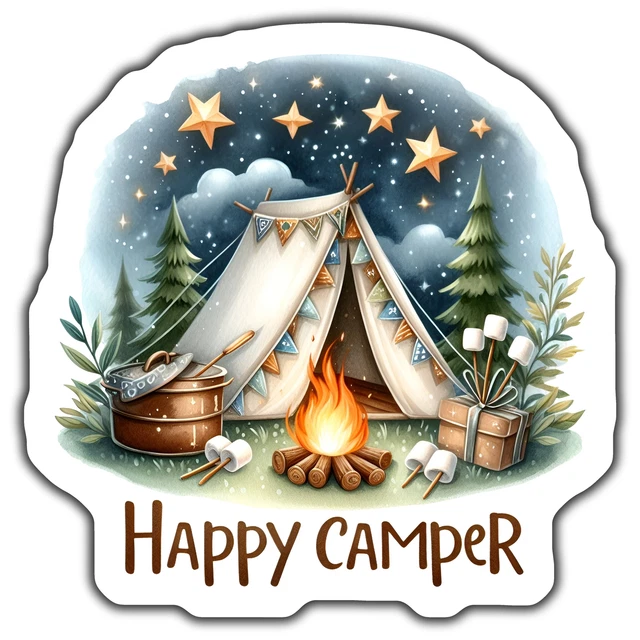 Happy Camper Tent Campfire Stars Sticker, Outdoors Adventure Camping ...