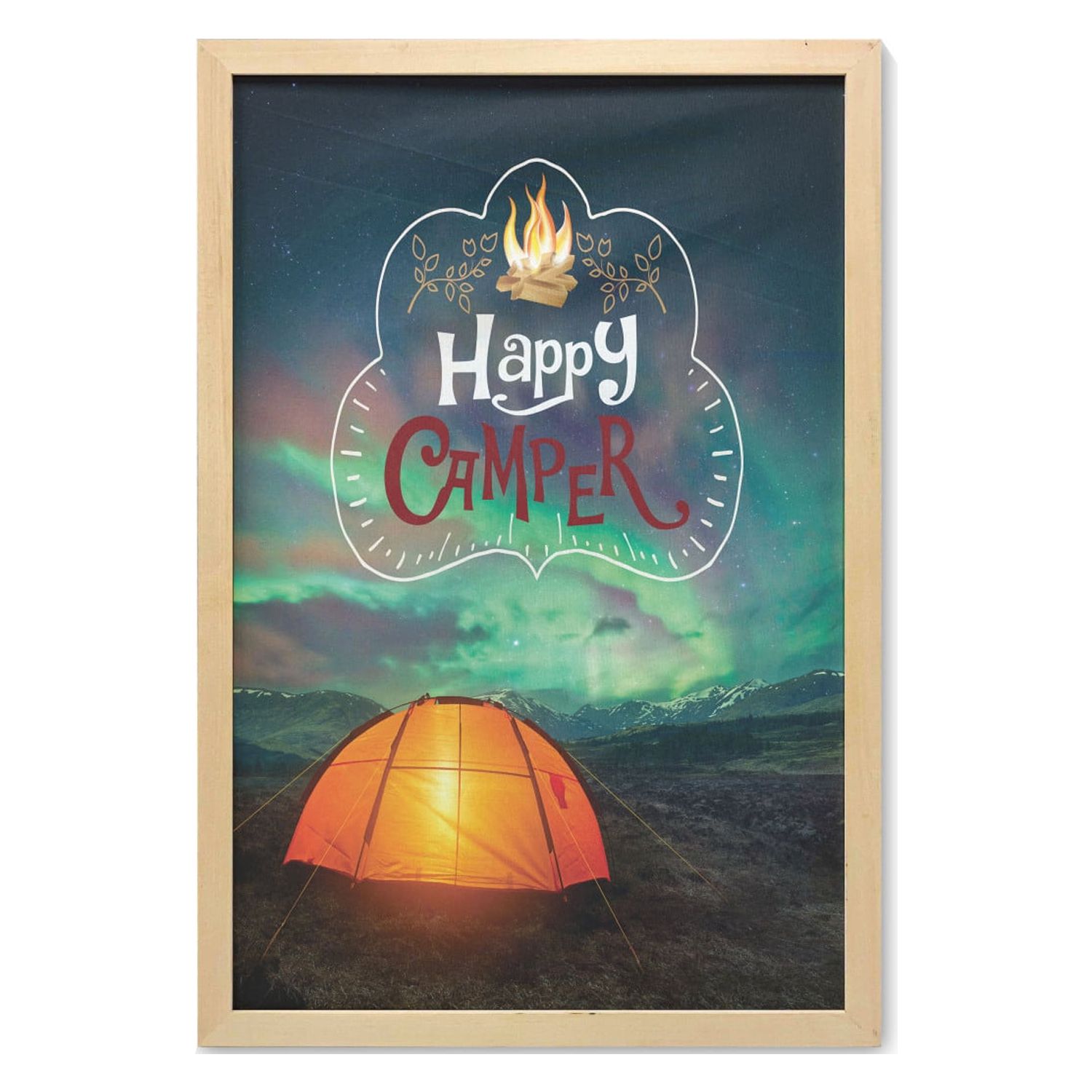Happy Camper Wall Art with Frame, Aurora Borealis Night Sky and Tent ...
