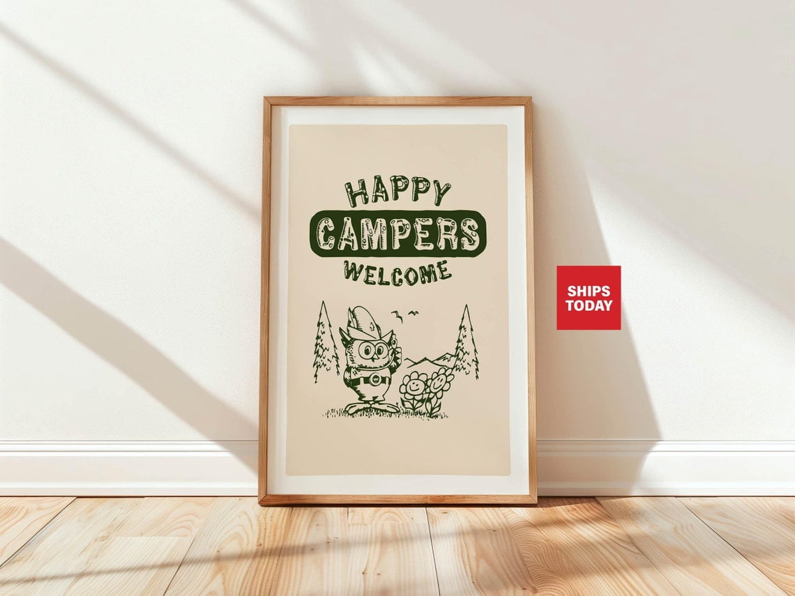 Happy Campers Print Retro Camping Art Gift For Kids Nature Art Camping ...