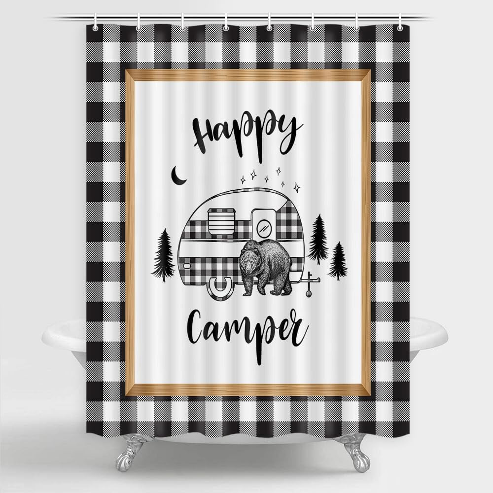 Happy Campers RV Shower Curtains, Farmhouse Bear Black White Plaid ...