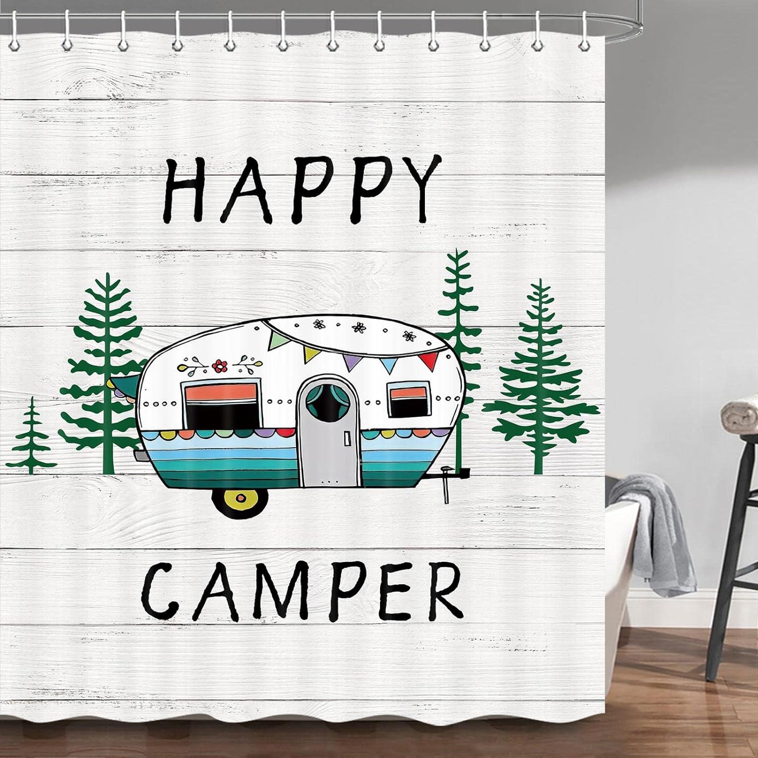 Happy Campers Shower Curtain Retro Rustic Wood Neutral Color For Travel ...
