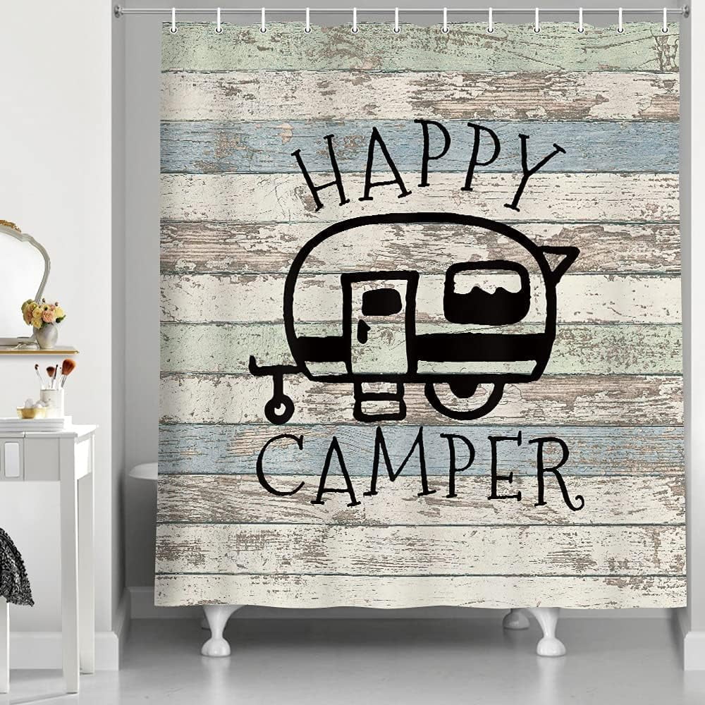 Happy Campers Shower Curtain Retro Rustic Wood Neutral Color for Travel ...