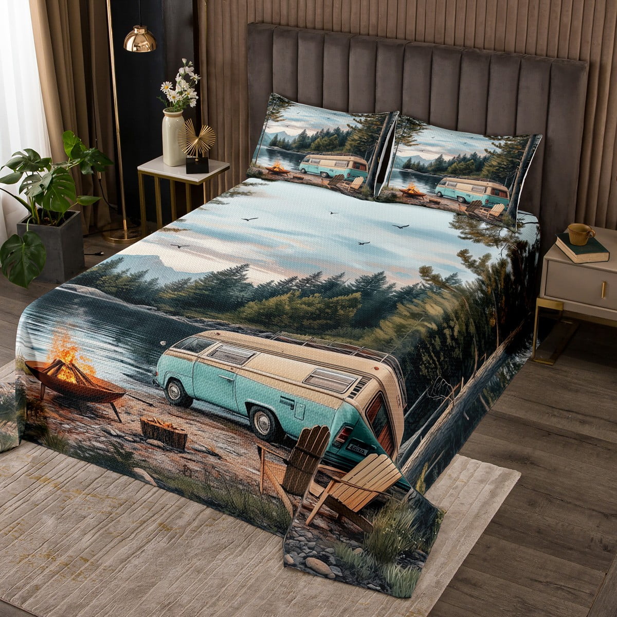 Happy Campimng Bedspread Set Rustic Farmhouse Decor King Quilt Set ...
