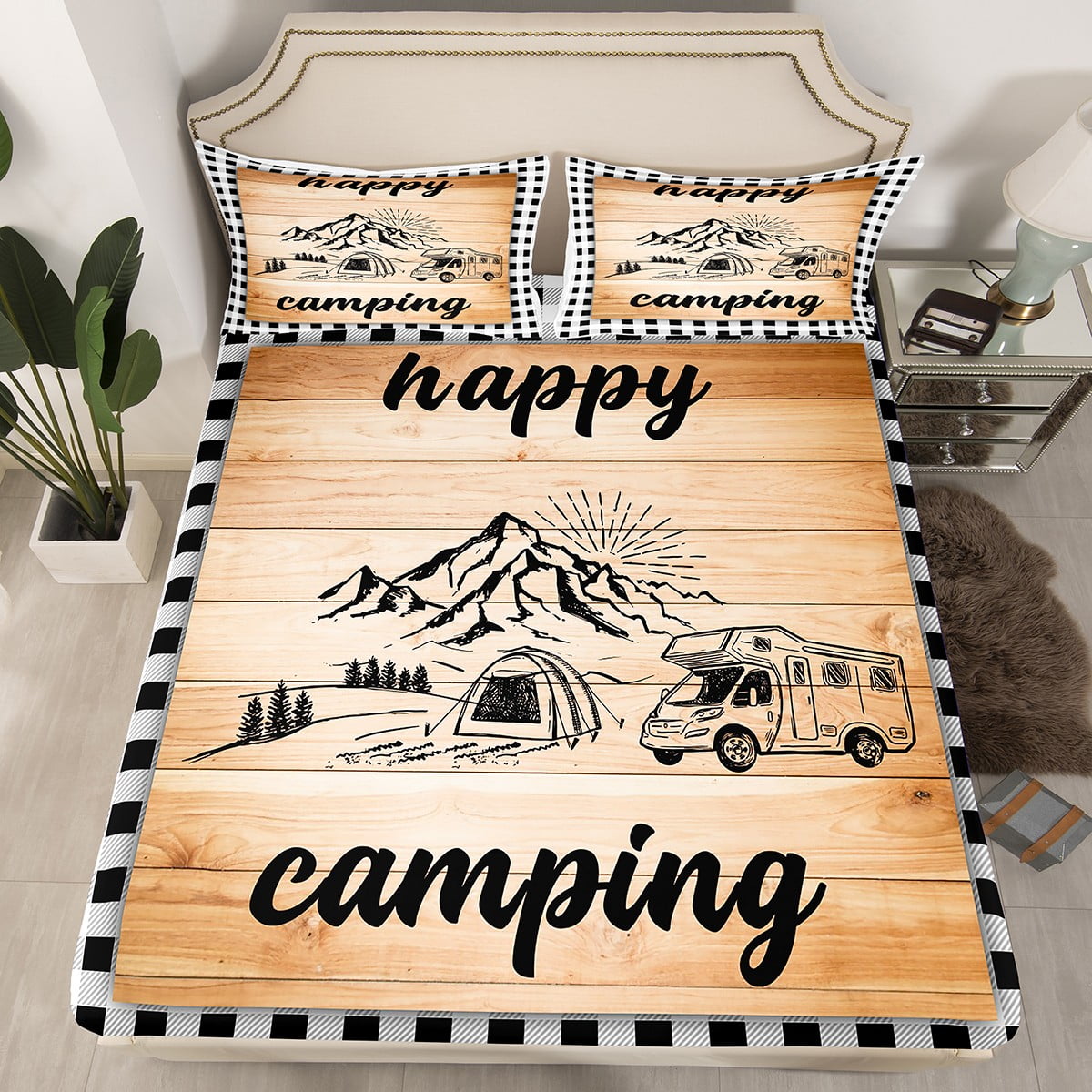 Happy Camping Bed Sheets Full Size, Rv Camper Bed Set Vintage Wood ...