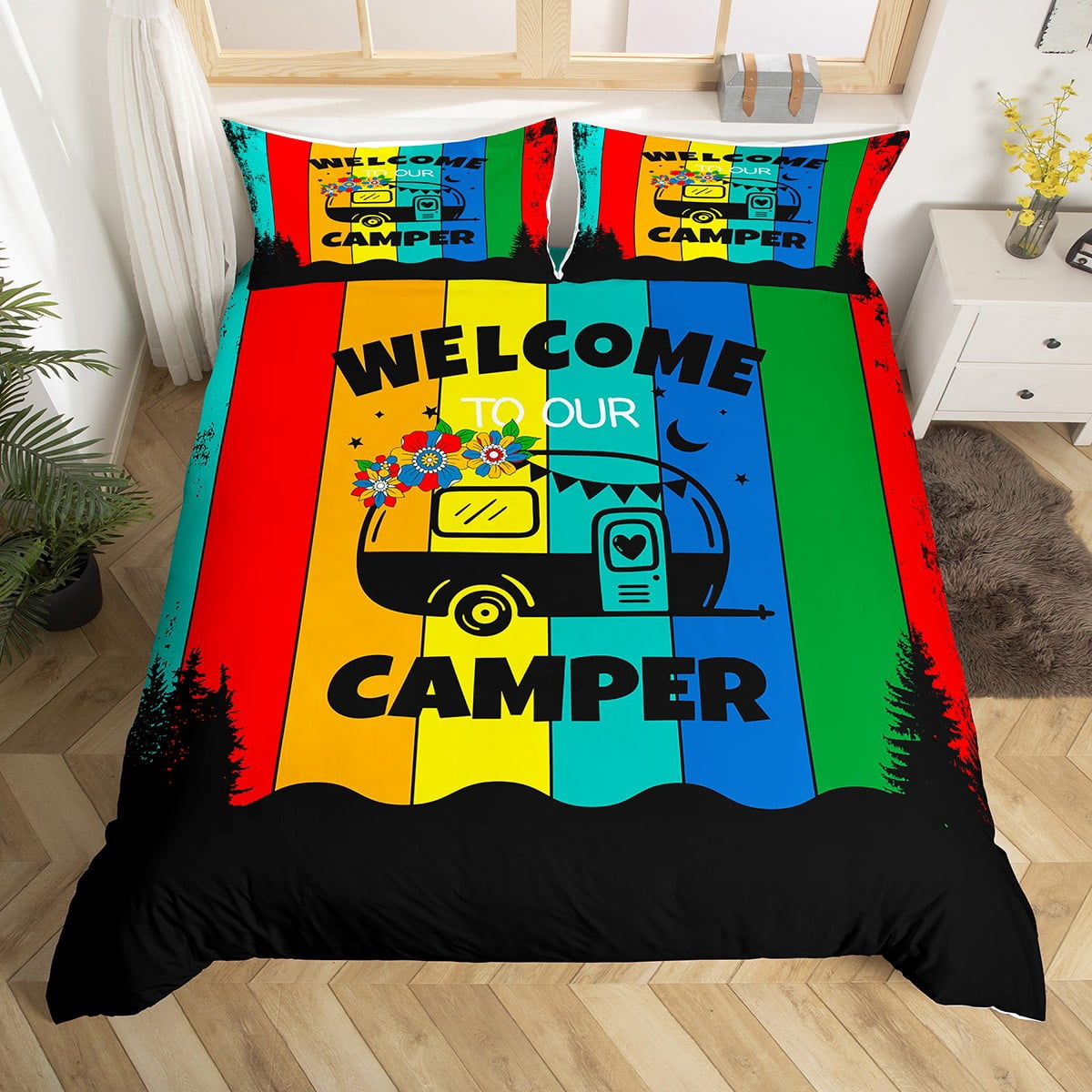 Happy Camping Bedding Set Queen Camper Duvet Cover, Rainbow Gradient ...