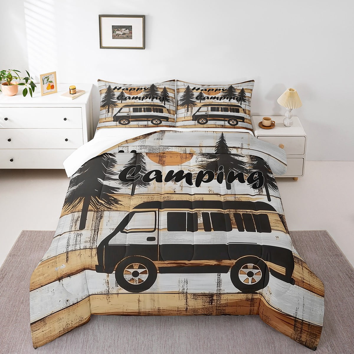 Happy Camping Bedding Set Queen Rustic Farmhouse Camper Comforter Set ...