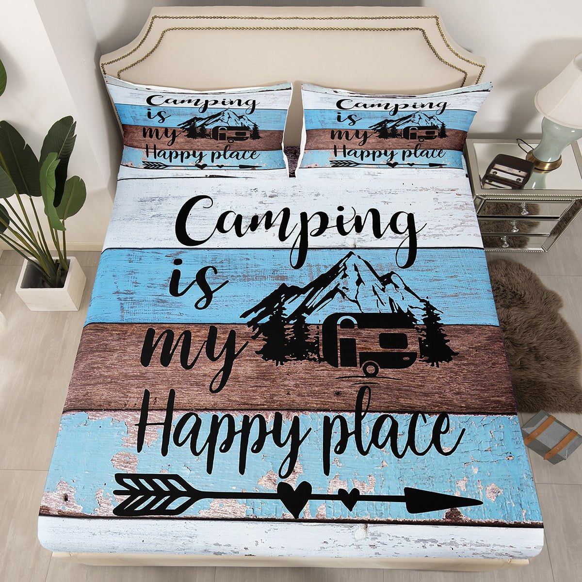 Happy Camping Bedding Set,Camper Fitted Sheet,RV Camping Car Bed Sheets ...