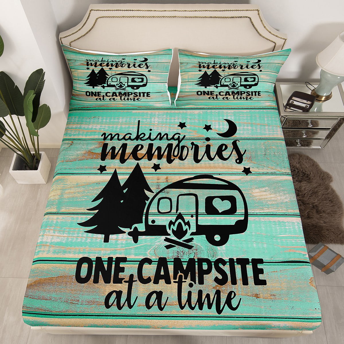 Happy Camping Bedding Set,Camper Fitted Sheet,RV Camping Car Bed Sheets ...