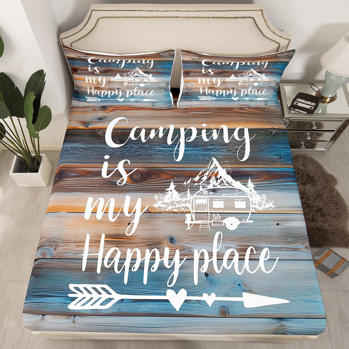 Happy Camping Bedding Set,Camper Fitted Sheet,RV Camping Car Bed Sheets ...