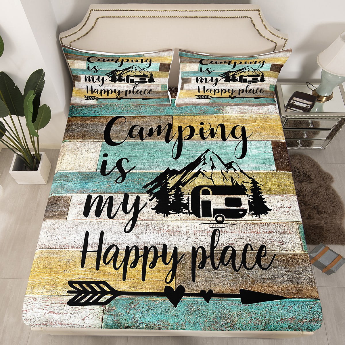 Happy Camping Bedding Set,Camper Fitted Sheet,RV Camping Car Bed Sheets ...
