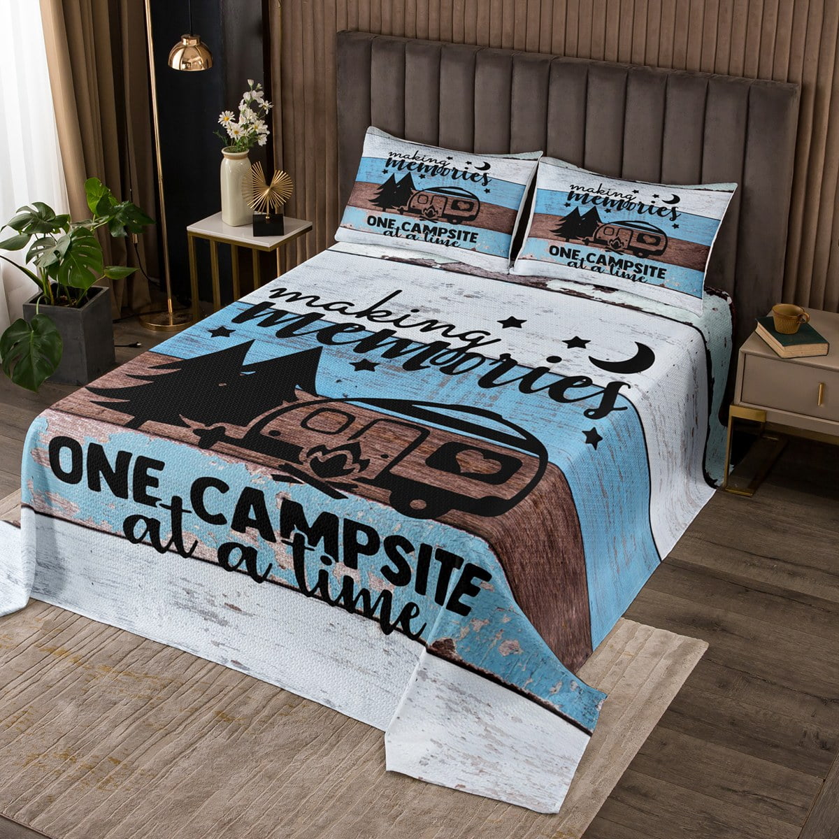 Happy Camping Bedspread Set ,Camper Quilt Set,RV Camping Car Coverlet ...