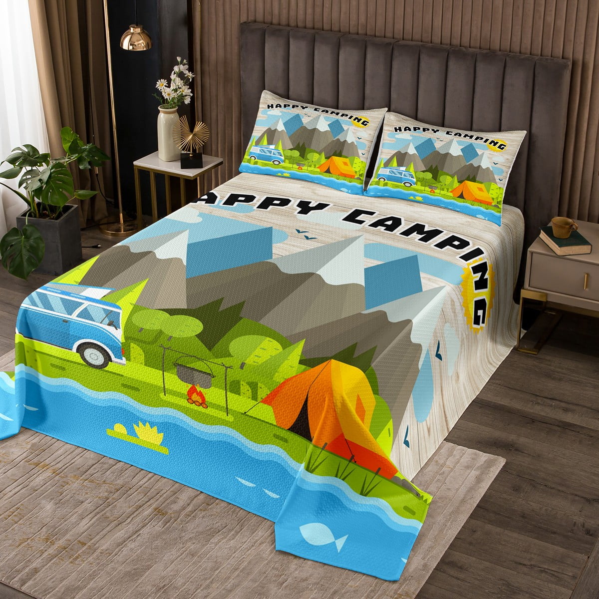 Happy Camping Bedspread Set Catoon Camping Car Quilt Set, Teenagers Youth Rv Camper Decor ...
