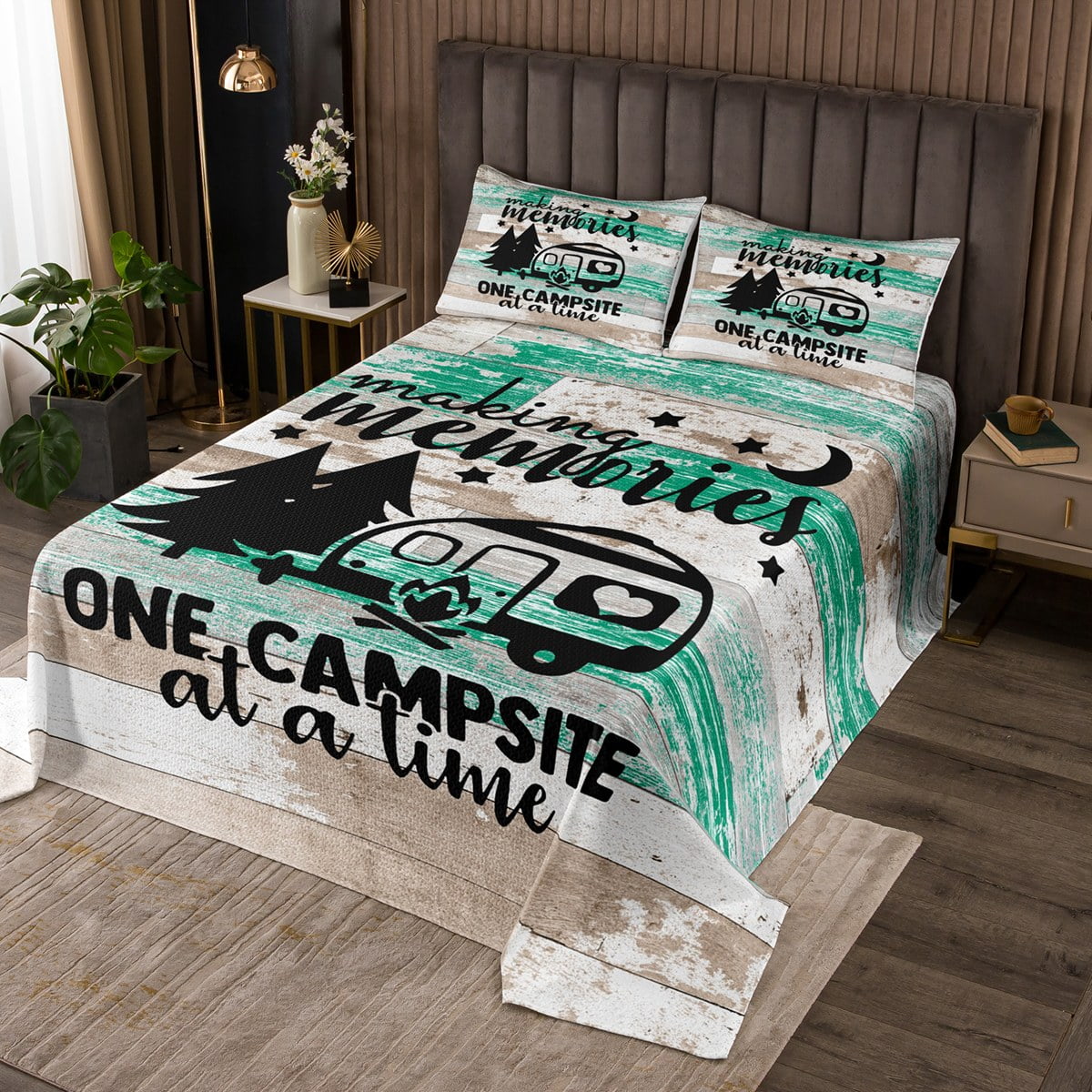 Happy Camping Bedspread Set,Camper Quilt Set,RV Camping Car Coverlet ...