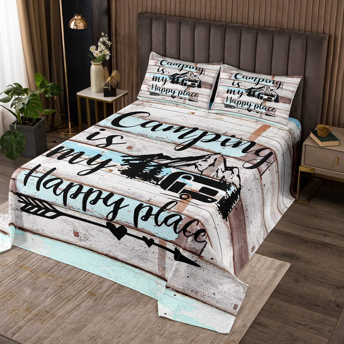 Happy Camping Bedspread Set,Camper Quilt Set,RV Camping Car Coverlet ...