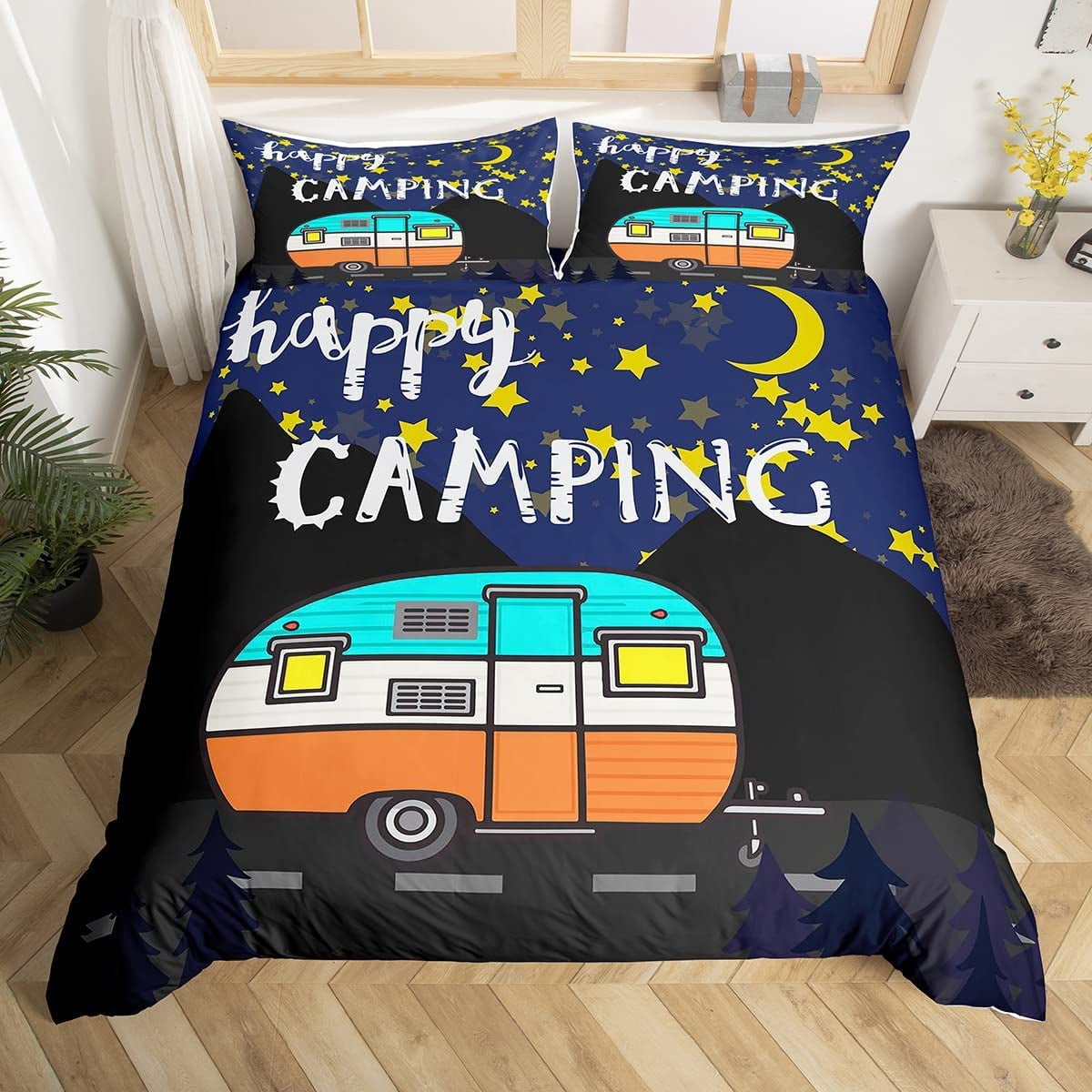 Happy Camping Comforter Cover Set Galaxy Camping Decor Duvet Cover ...